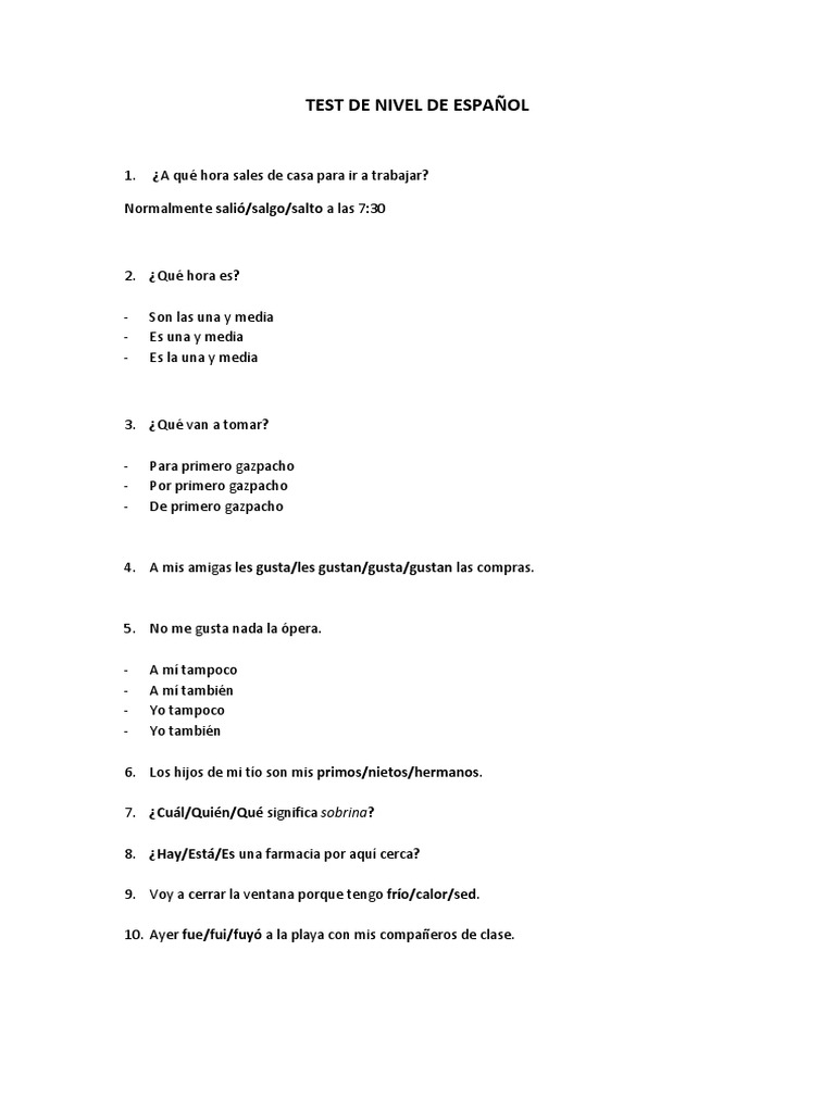 Test de Nivel de Español | PDF | Deportes | Ocio