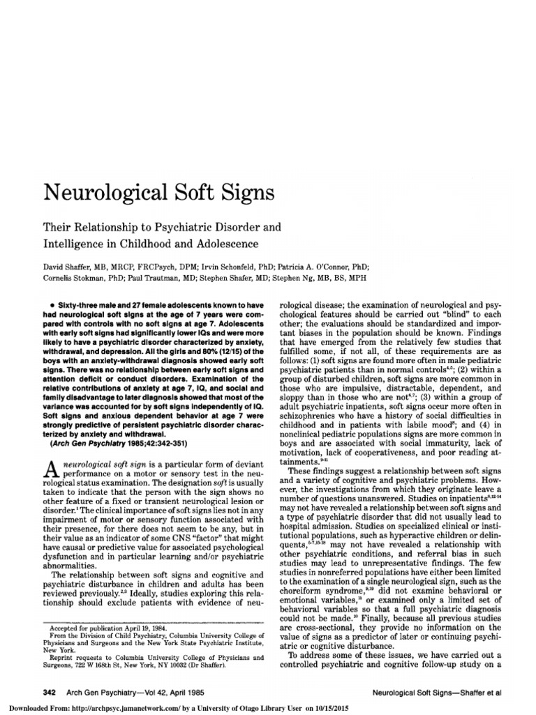 Neurological Soft Signs, Their Relationship To Psychiatric Disorder and Intelligence in ...