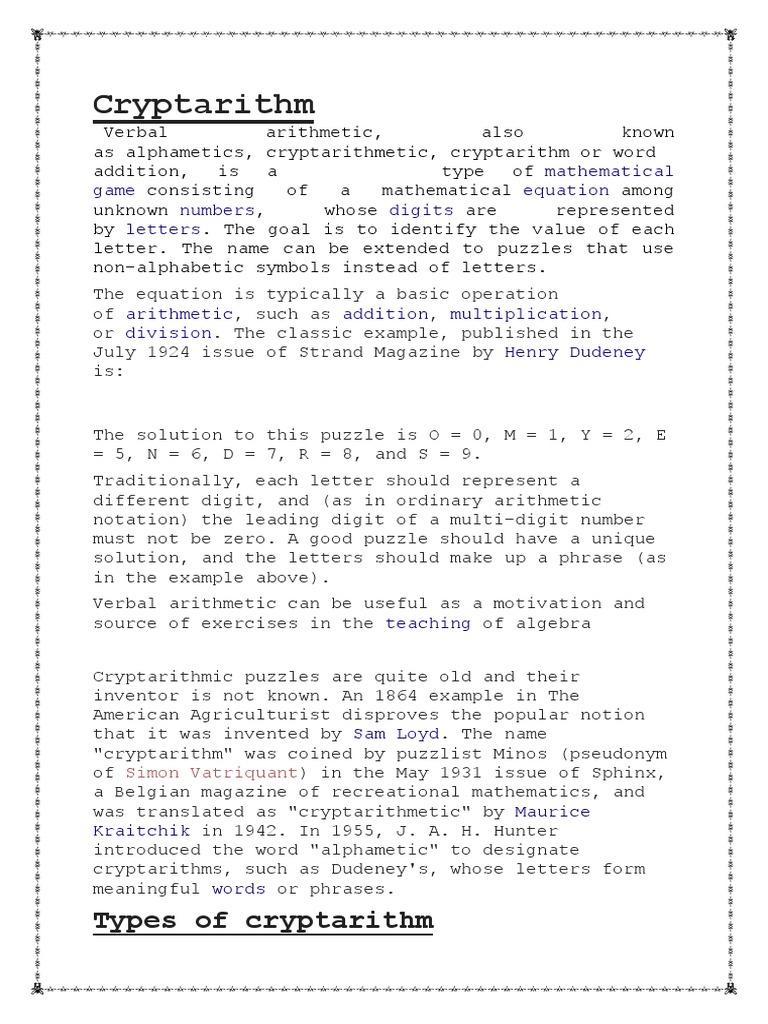 Solving Cryptarithms: An Explanation of Different Types of ...