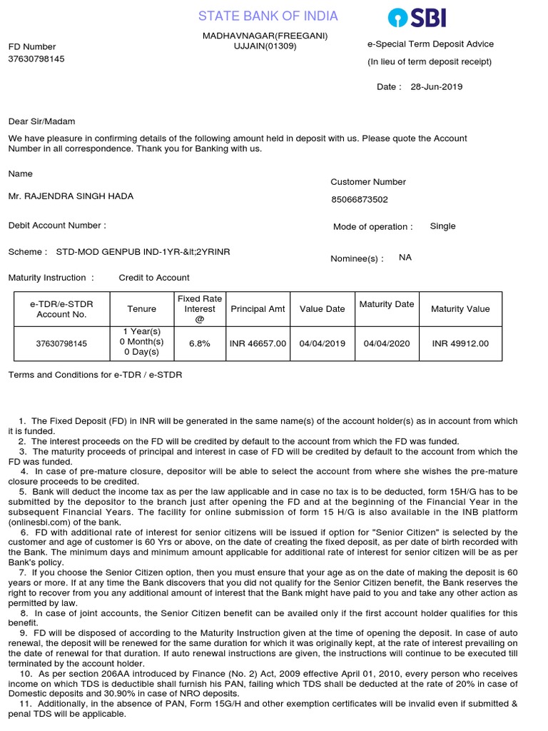 FD Receipt | PDF | Payments | Investing