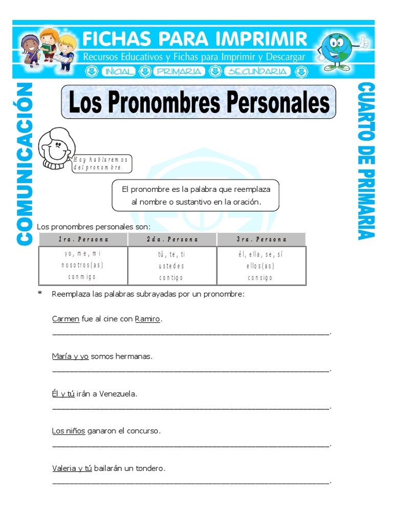 Ficha Los Pronombres Personales Para Cuarto de Primaria