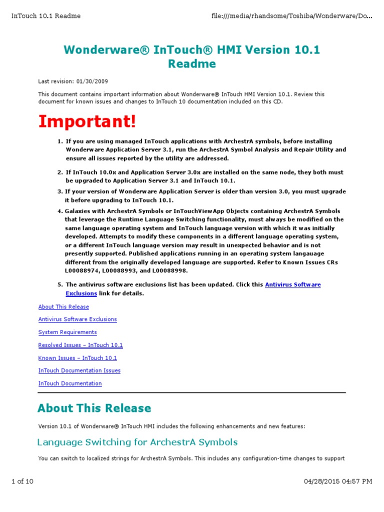 Wonderware InTouch 10.1 Readme PDF | Download Free PDF | Windows Vista ...