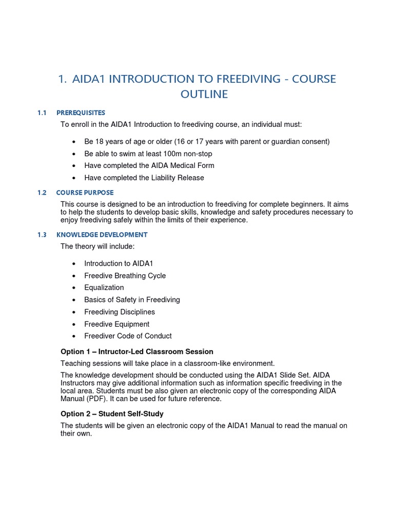 AIDA1 Freediving Course Overview | PDF | Underwater Diving | Water Sports