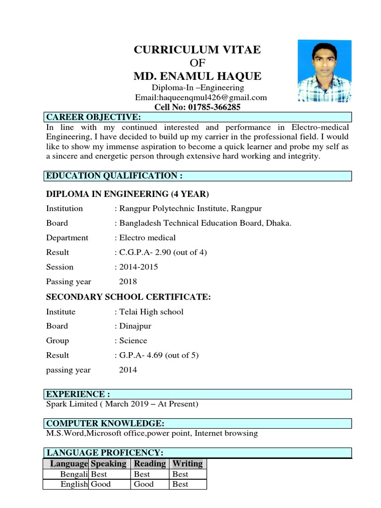 Curriculum Vitae Md. Enamul Haque: Cell No: 01785-366285 Career Objective | PDF | Behavior ...