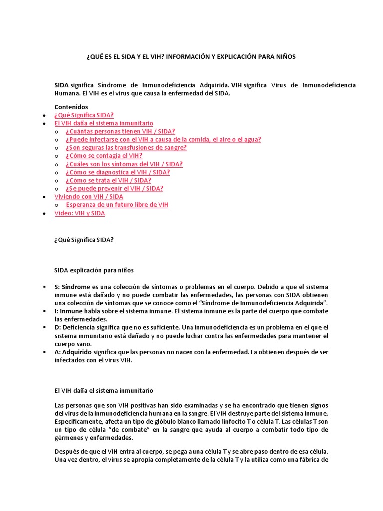 QUÉ ES EL SIDA Y EL VIh INFORMACIÓN Y EXPLICACIÓN PARA NIÑOS | PDF ...