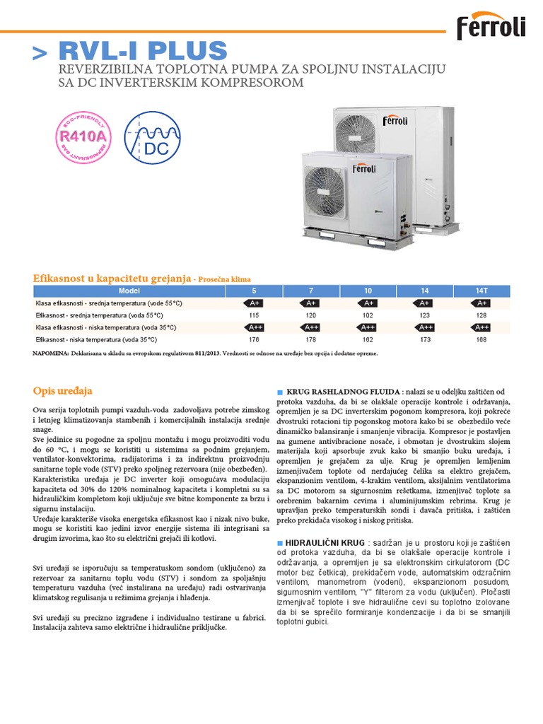 Katalog Ferroli RVL-I PLUS Toplotna Pumpa | PDF