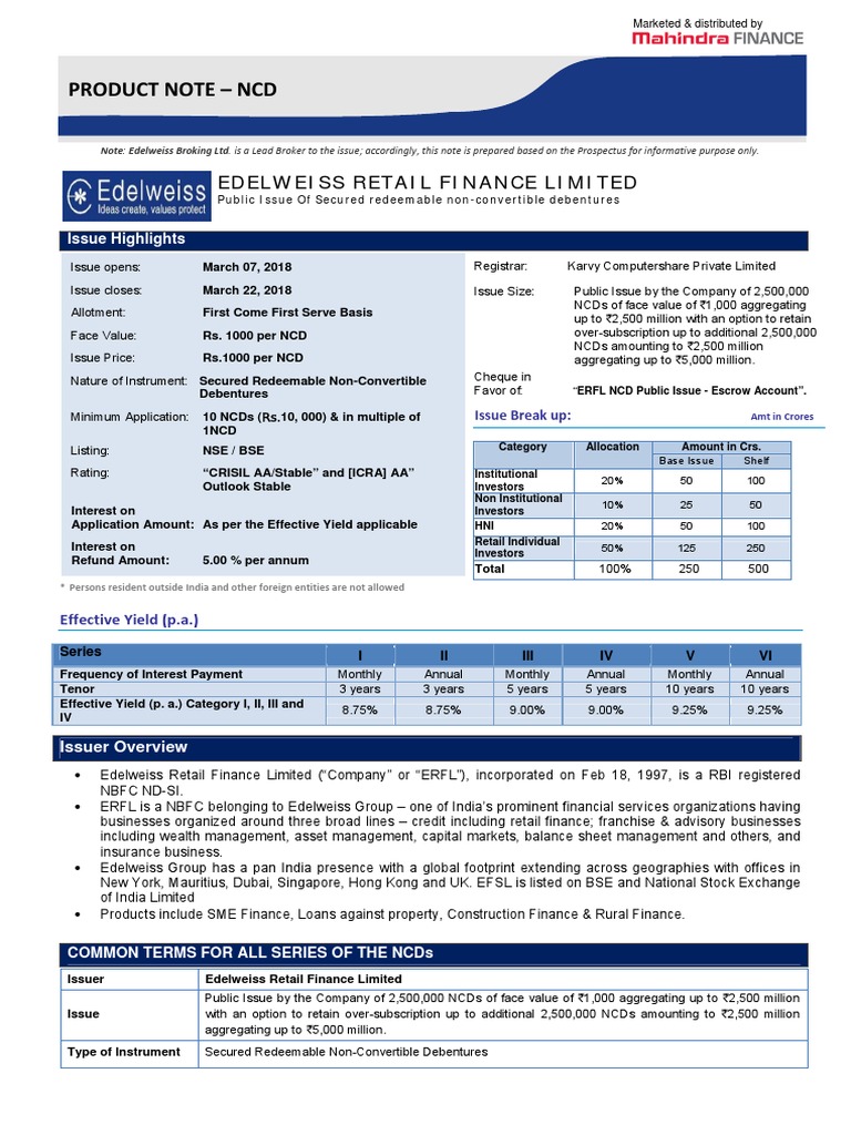 Product Note - ERFL NCD | PDF | Interest | Partnership