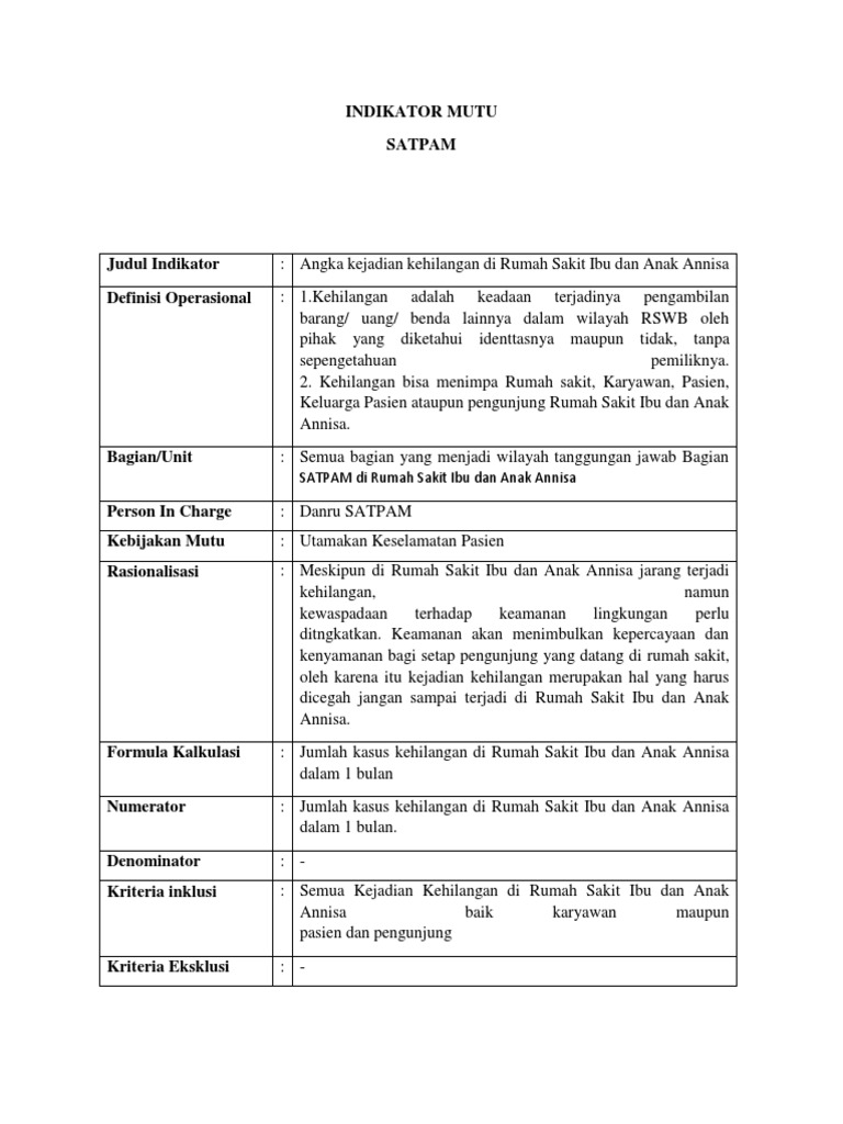 Indikator Mutu SATPAM RSIA Annisa 2018 | PDF