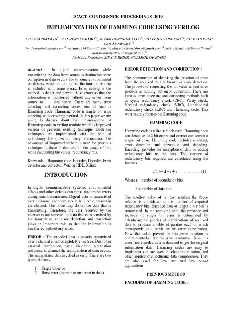 Implementation of Hamming Code Using Verilog: Abstract | Download Free PDF | Error Detection And ...