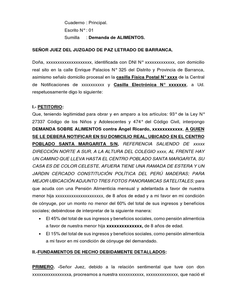 Modelo de Demanda de Alimentos | PDF | Pensión alimenticia | Matrimonio