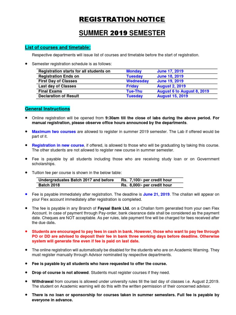 Registration Notice Summer 2019 Semester: List of Courses and Timetable ...