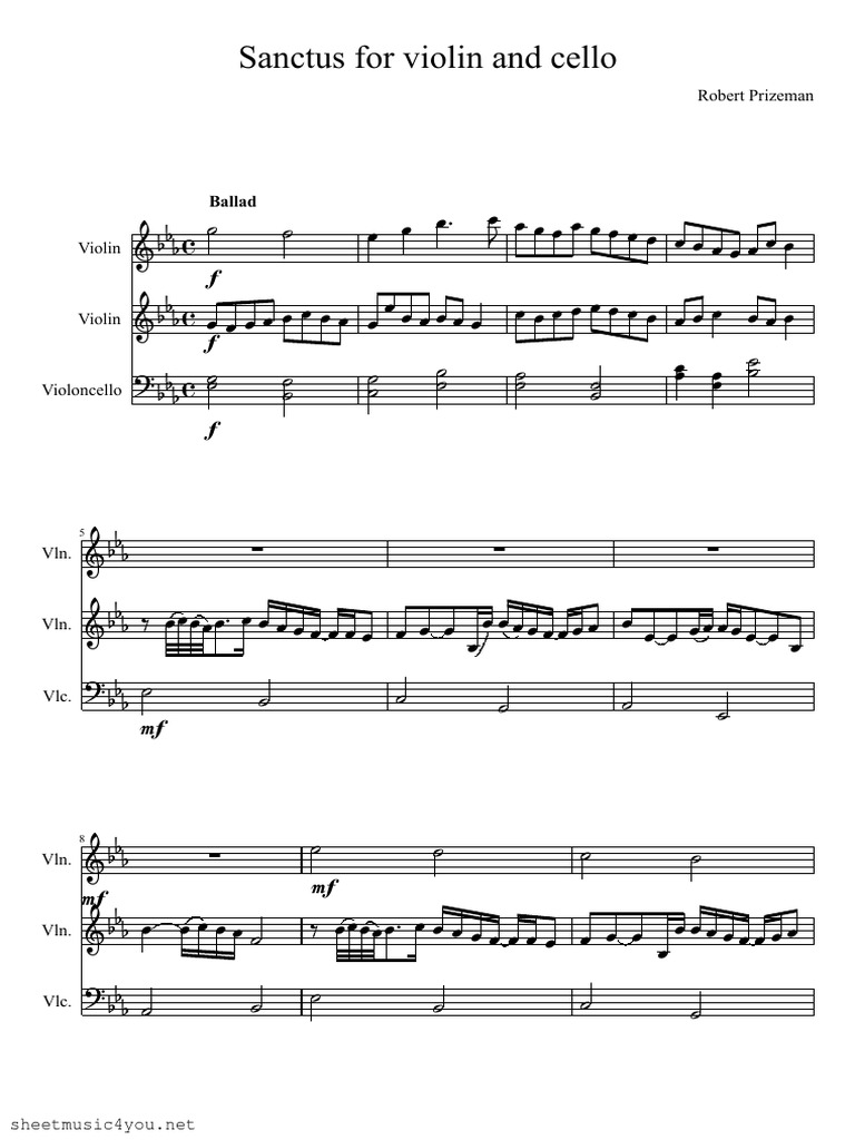 Sanctus For Violin and Cello-Robert-Prizeman | PDF | Bowed Instruments | Chordophones