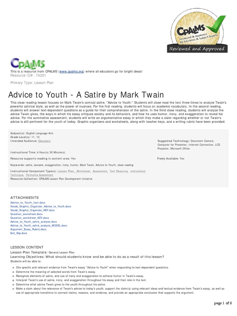 Analyzing Twain's Satirical Advice to Youth | PDF | Essays | Reading ...