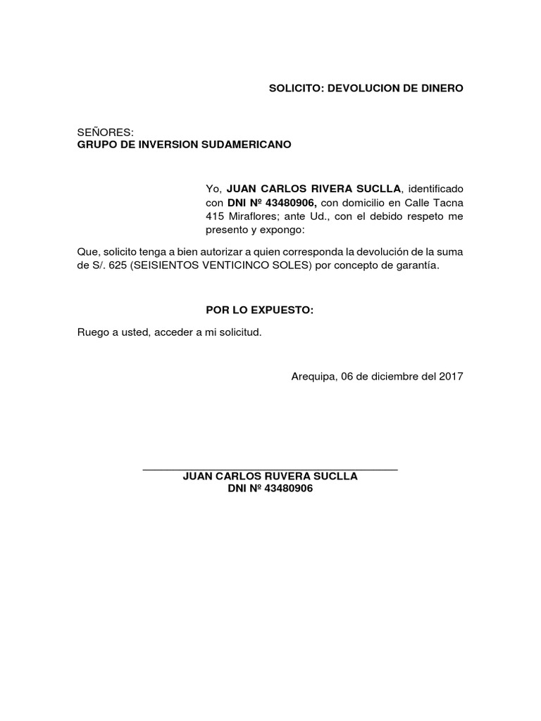 Solicito Devolucion de Dinero | PDF