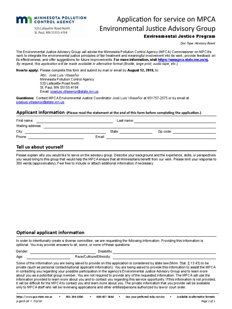 Application For Service On MPCA Environmental Justice Advisory Group ...