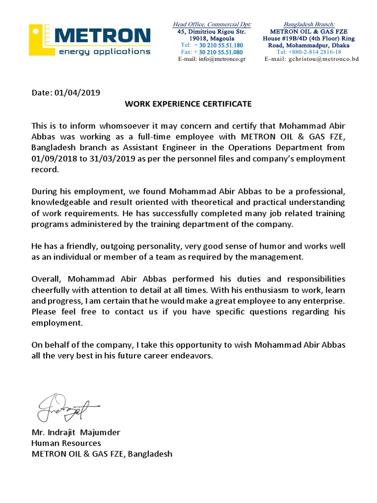 Work Experience Certificate for Abbas | PDF