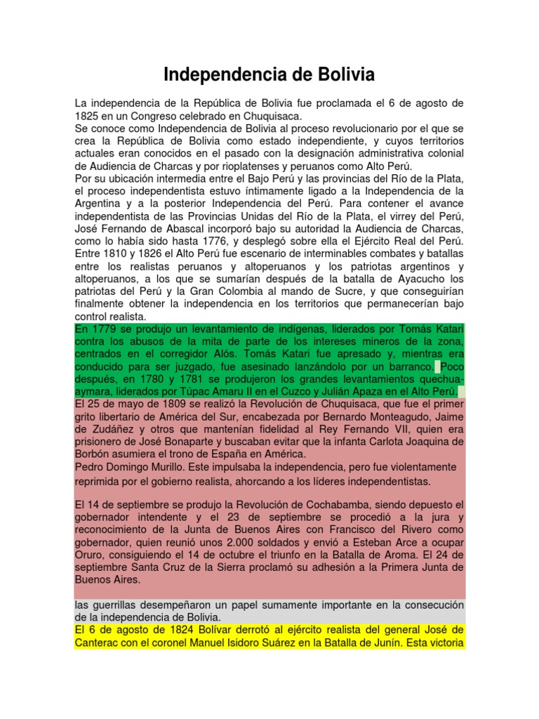 Independencia de Bolivia | PDF | Colonización española de las Américas ...