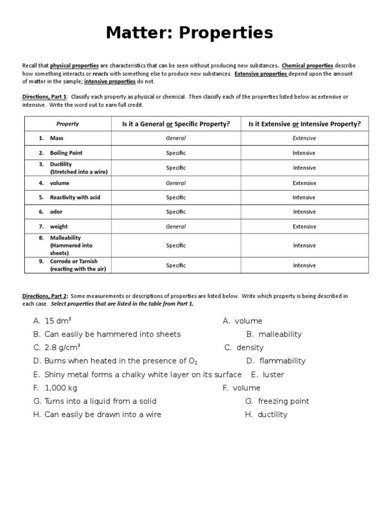 Properties of Matter Worksheet | PDF | Density | Ductility