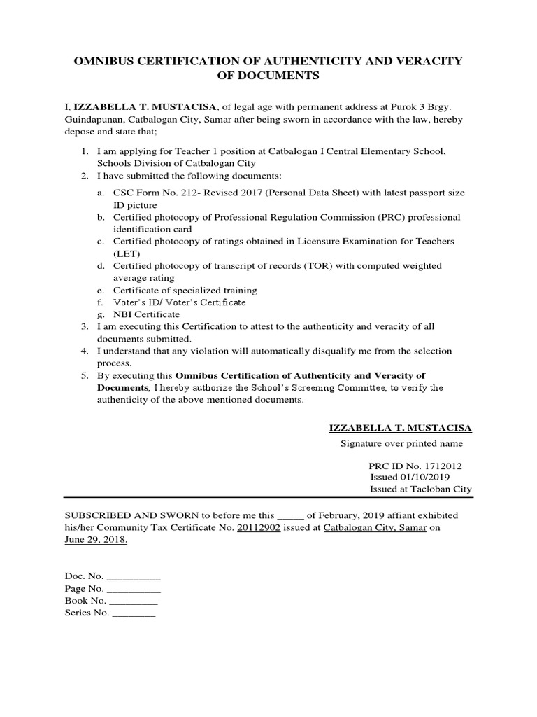 Omnibus Certification of Authenticity and Veracity of Documents | PDF