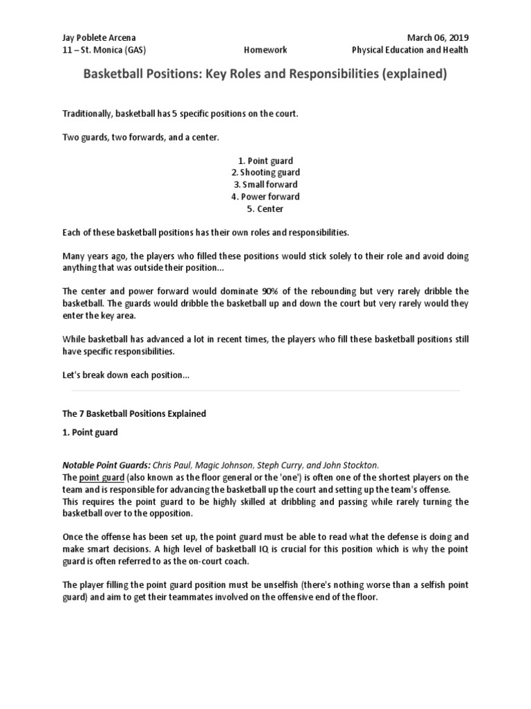 Basketball Positions and Responsibilities | PDF | Basketball Positions ...