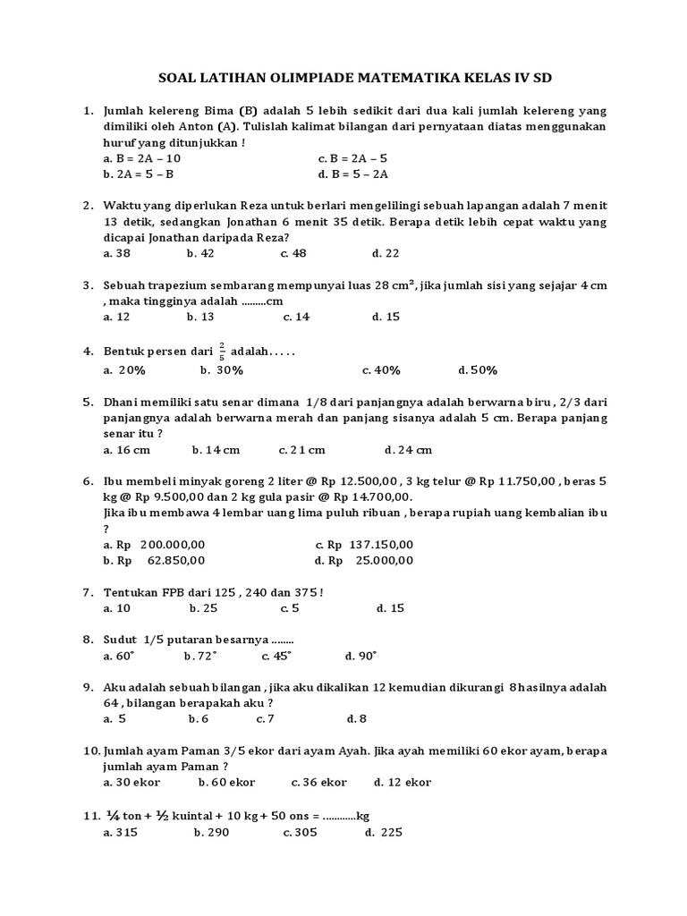 Soal Latihan Olimpiade Matematika Kelas Iv SD | PDF
