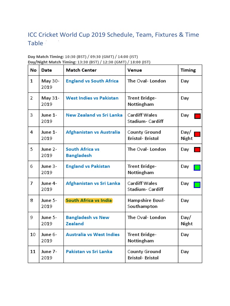 ICC Cricket World Cup 2019 Schedule | PDF | England Cricket Team ...