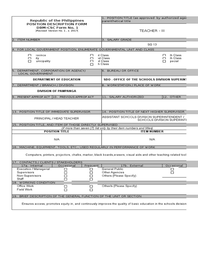 Republic of The Philippines Position Description Form DBM-CSC Form No ...