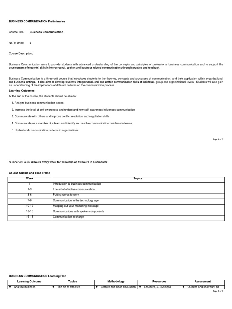 Business Communication Course Syllabus | PDF | Negotiation | Communication