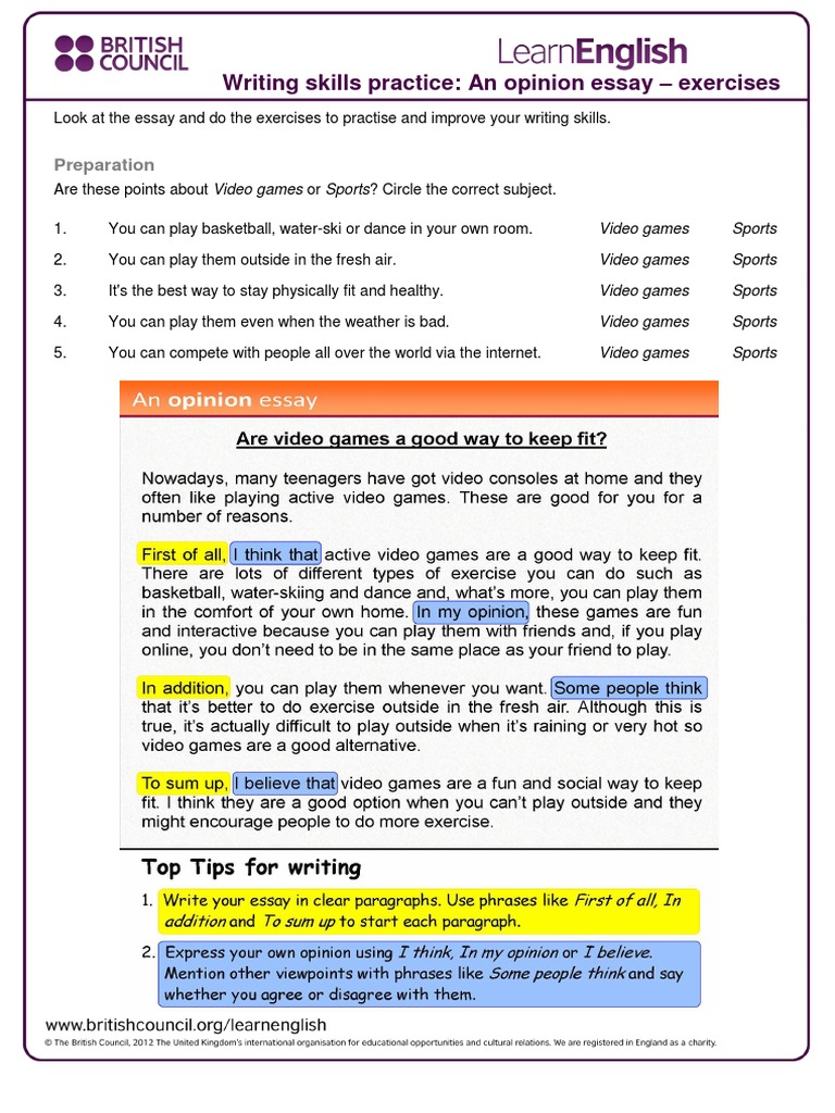 Opinion Essay Exercises on Sports vs. Video Games | PDF | Games ...