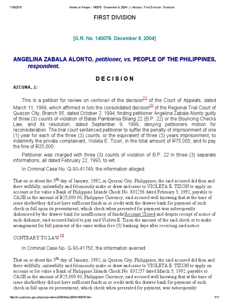 Alonto Vs People - 140078 - December 9, 2004 - J PDF | PDF | Fine ...