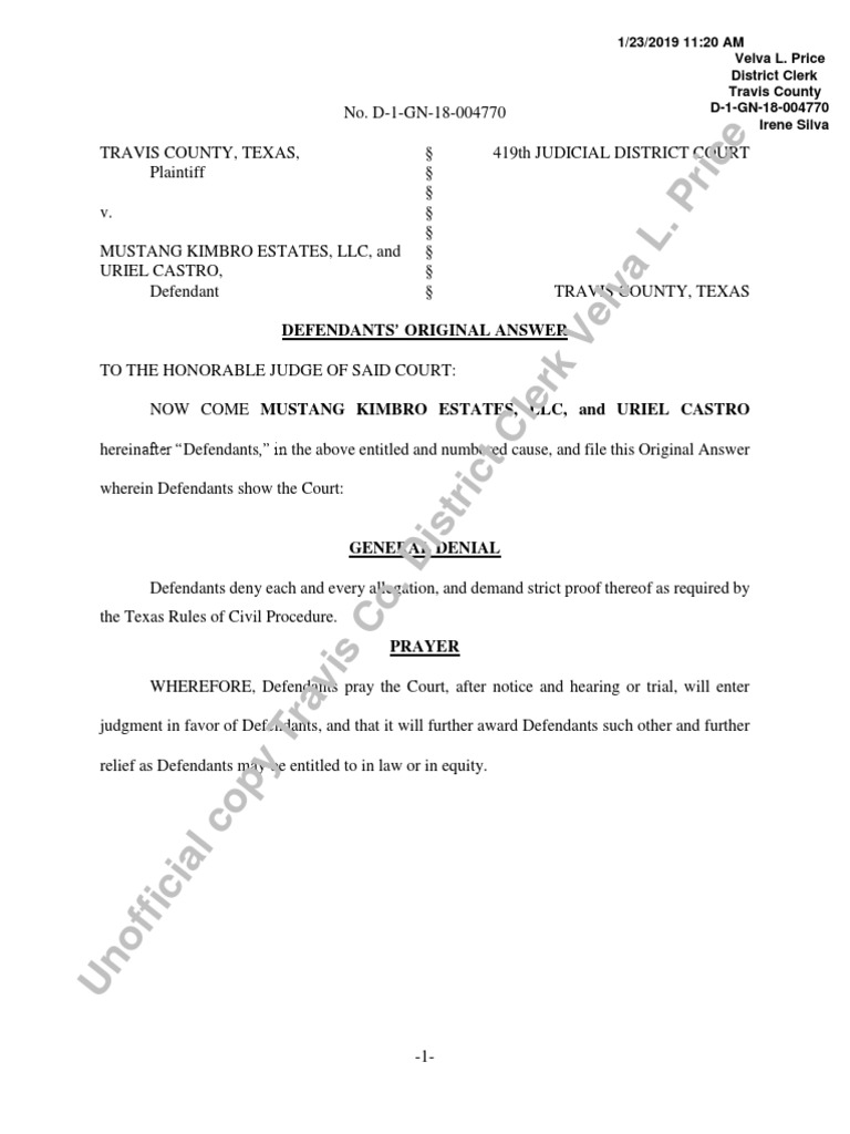 Uriel Castro's Answer To Petition Mustang Kimbro | PDF | Legal ...