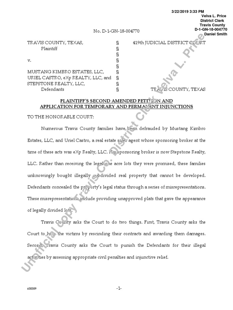 Travis County's Second Amended Petition and Application For Temporary ...