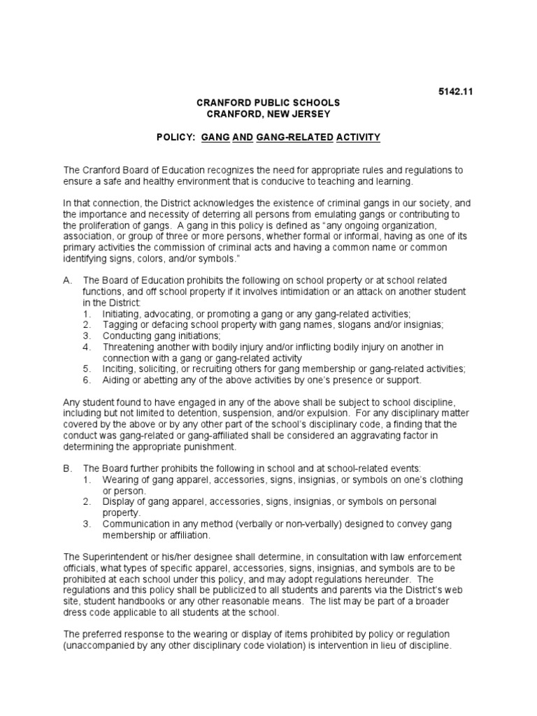 Cranford NJ BOE Gang Policy | PDF | Government Information | Justice