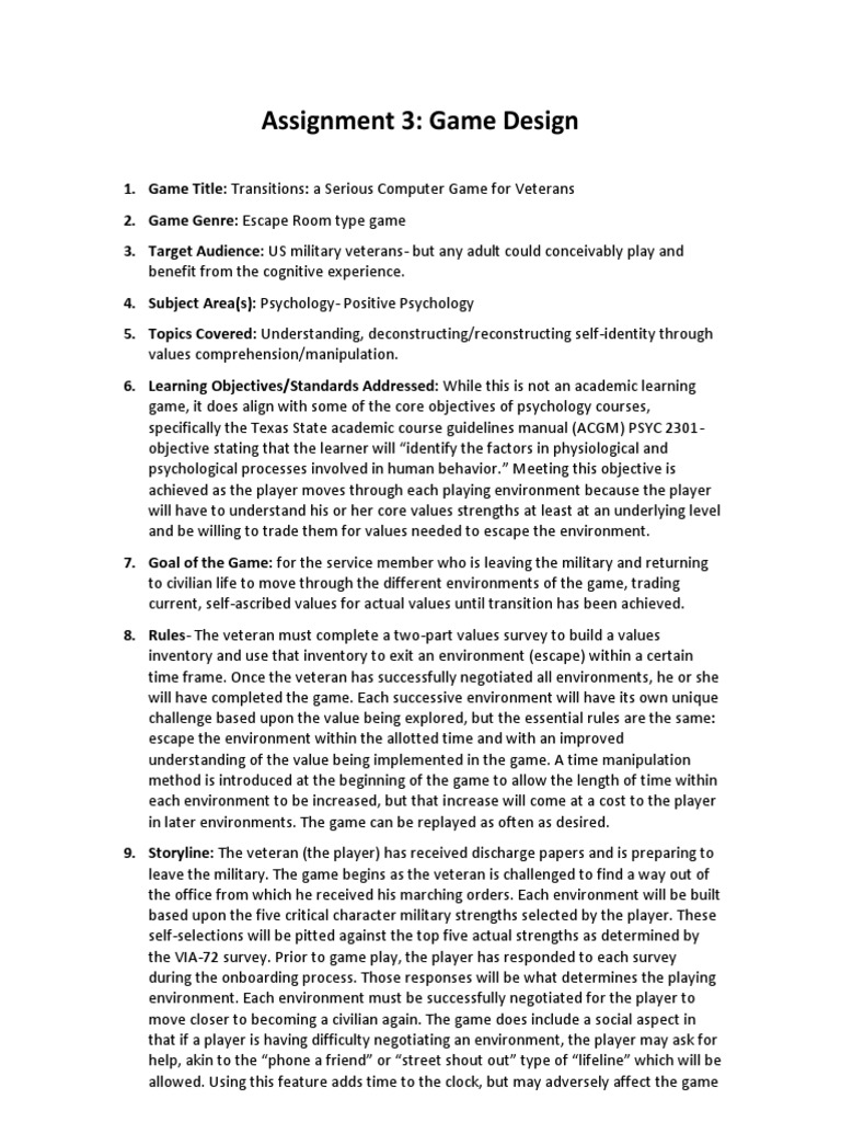 Assignment 3 Game Design Instructions | PDF | Value (Ethics) | Psychology