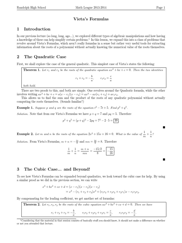 Vietas Formulas | PDF | Quadratic Equation | Zero Of A Function