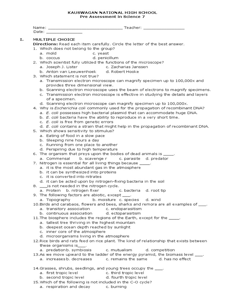 Pretest in Science 7 | PDF | Atmosphere Of Earth | Light