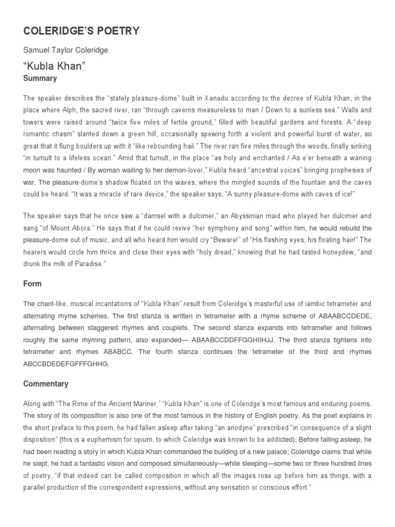 FINAL CONTEMPORANEA-COLERIDGE-Kubla Khan Analysis | PDF | Samuel Taylor ...