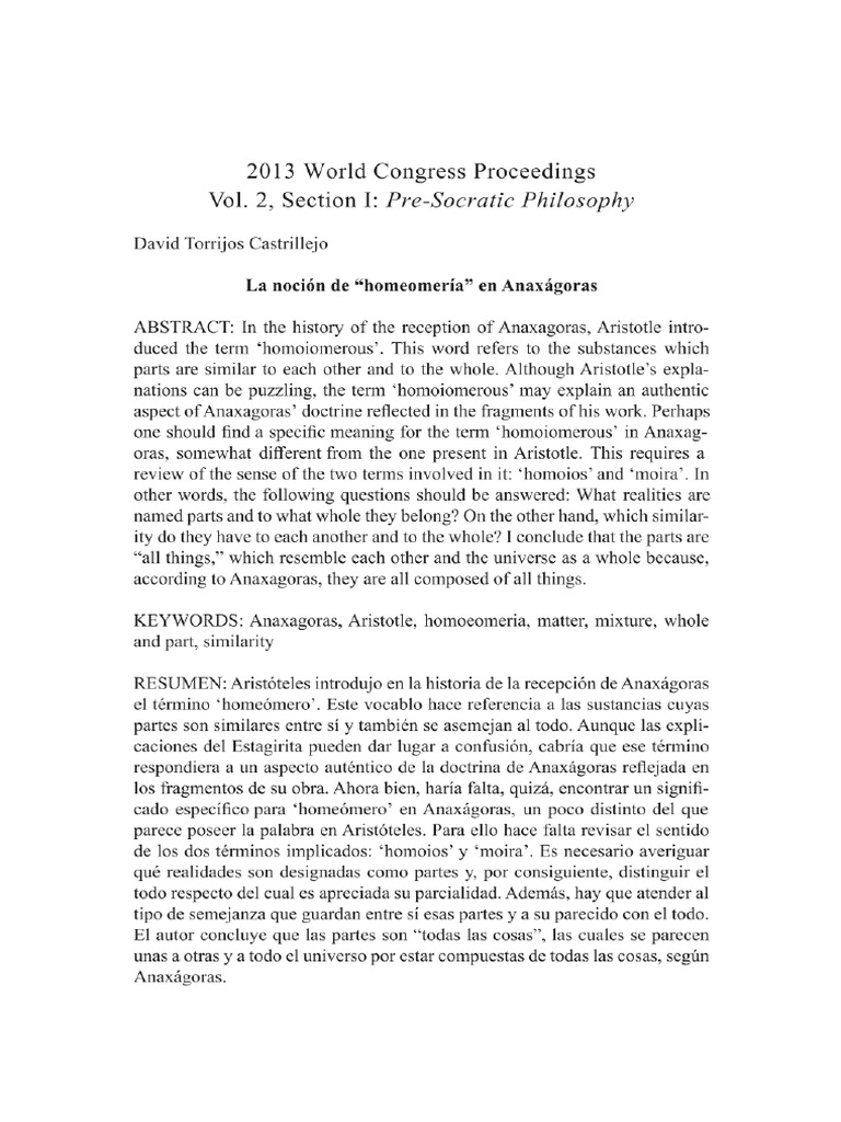 Homeomería en Anaxágoras y Aristóteles | PDF | Aristóteles | Agua