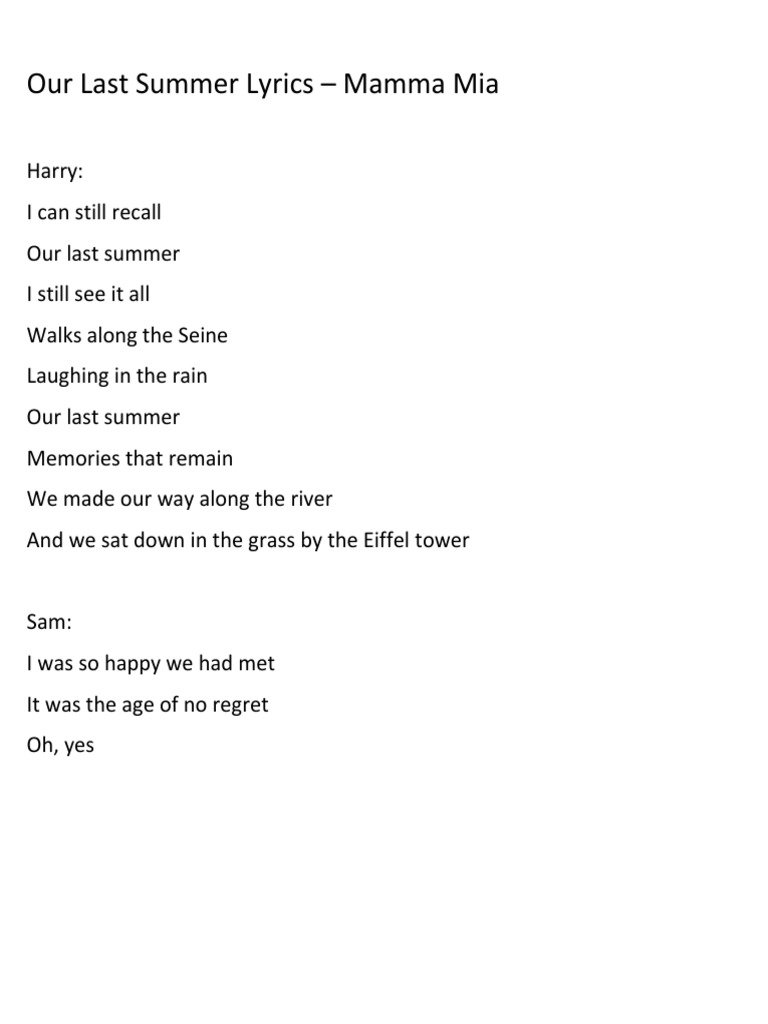 Our Last Summer Lyrics - Mamma Mia | PDF
