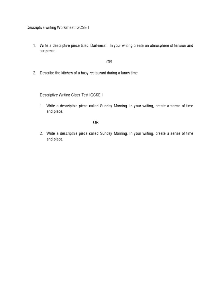 Descriptive Writing Worksheet IGCSE I | PDF