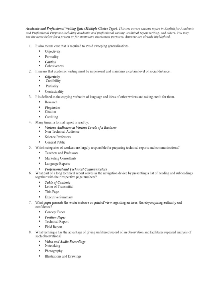 Academic and Professional Writing Quiz | PDF | Scientific Method | Argument