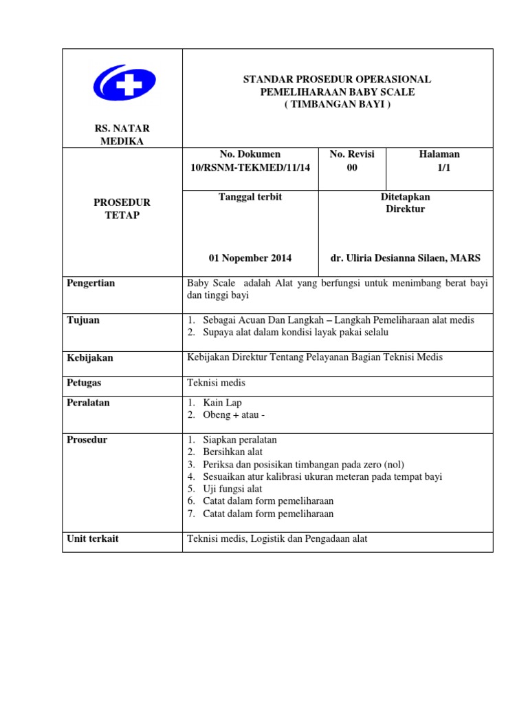 Sop Teknisi Medis Petunjuk Pemeliharaan Timbangan Bayi (Babyscale) | PDF