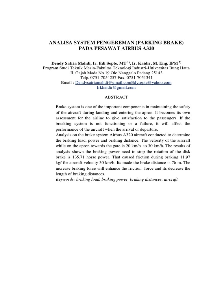 Analisa System Pengereman (Parking Brake) Pada Pesawat Airbus A320 PDF ...