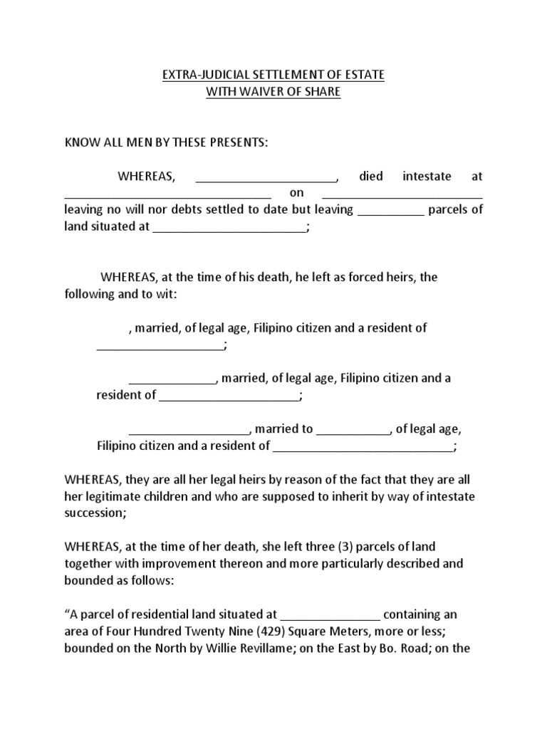 Extrajudicial Settlement Of Estate Extrajudicial Settlement Of Estate