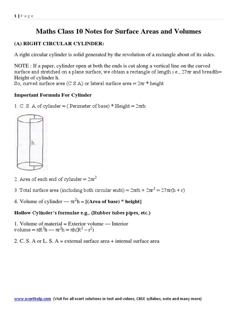 Class 10 Surface Area and Volume Formulas | PDF | Sphere | Area