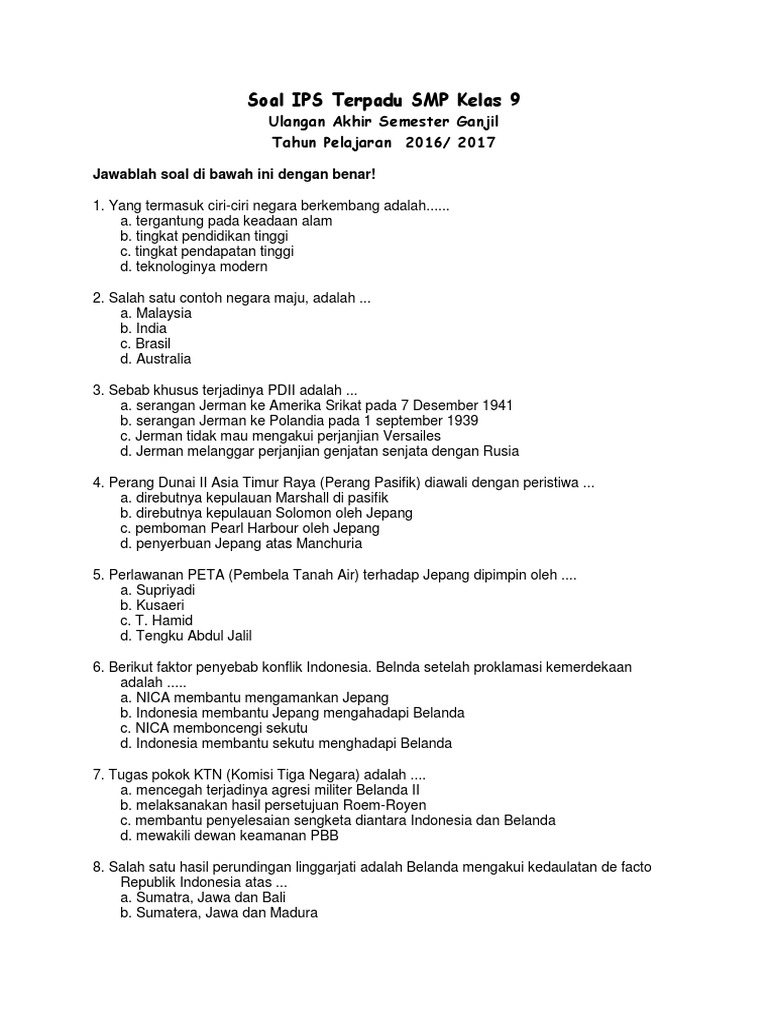 Soal Pilihan Ganda IPS Terpadu SMP Kelas 9 Semester Ganjil | PDF