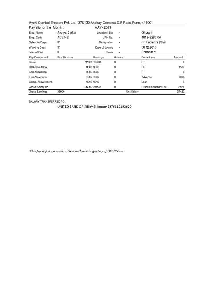 May 2019 Pay Slip for Sr. Engineer | PDF