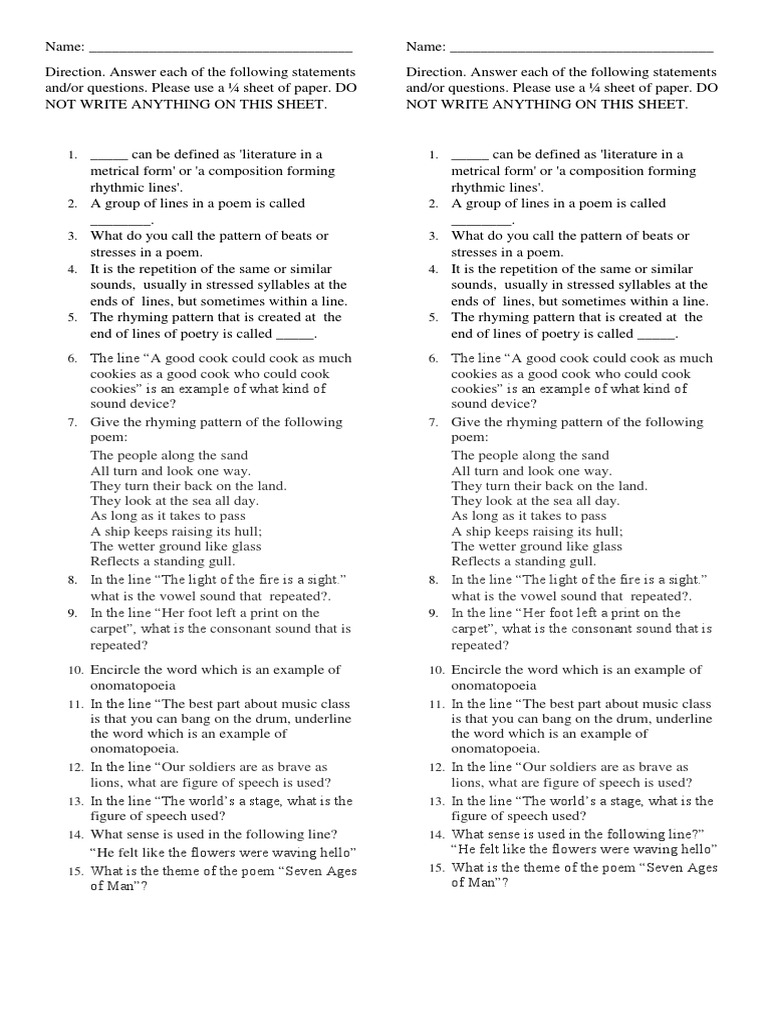 Elements of Poetry Quiz for Students | PDF | Metre (Poetry) | Poetry