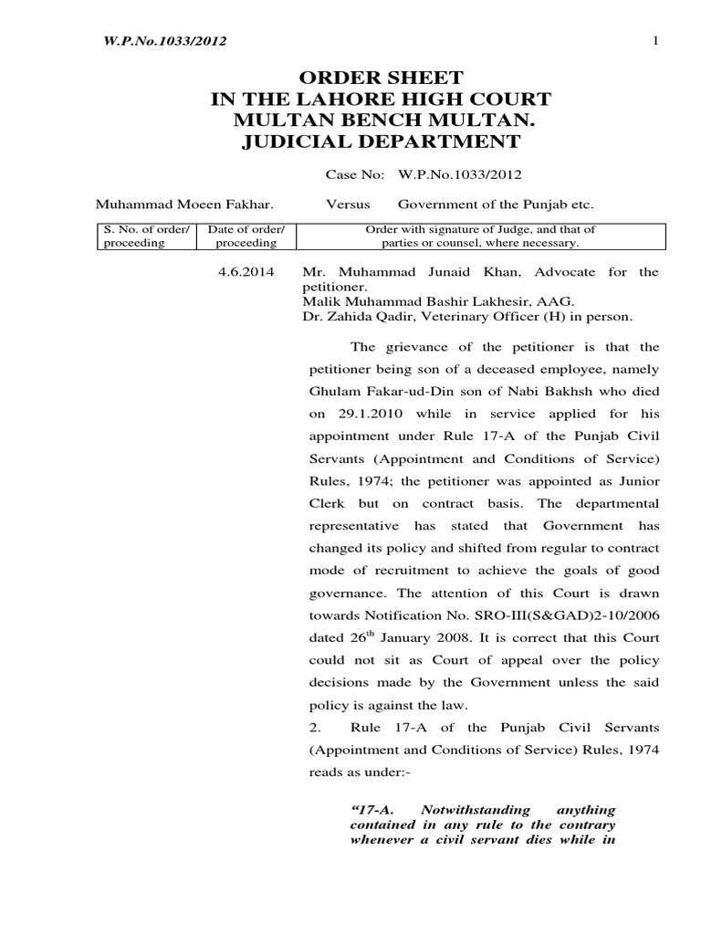 Order Sheet in The Lahore High Court Multan Bench Multan. Judicial ...