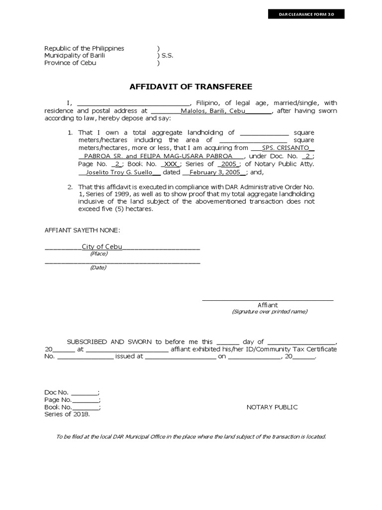 Affidavit of Transferee - 1 | PDF | Affidavit | Legal Communication